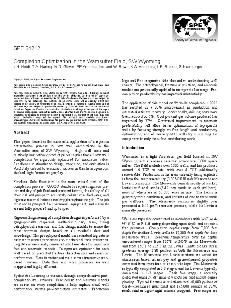 SPE 84212 Completion Optimization in The Wamsutter Field, SW Wyoming ...