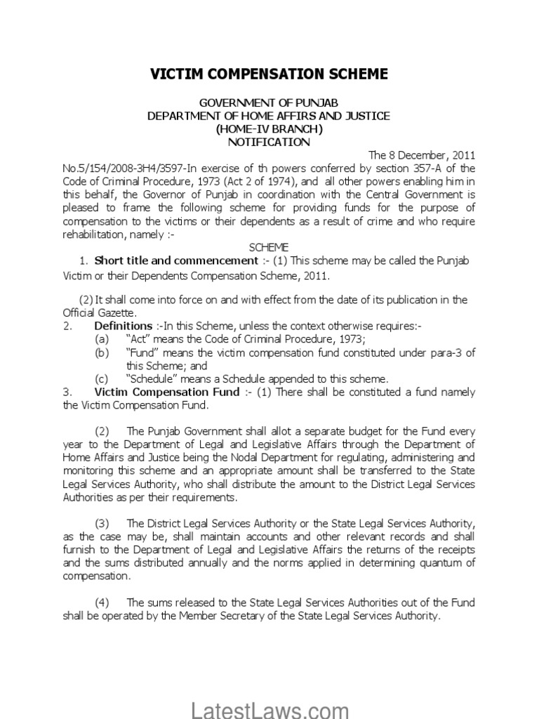 Punjab Victim Compensation Scheme, 2011 | PDF | Victimology | Ethical ...