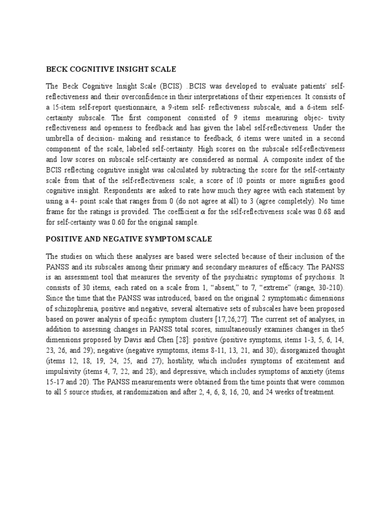 Beck Cognitive Insight Scale Overview | PDF | Self Report Study ...