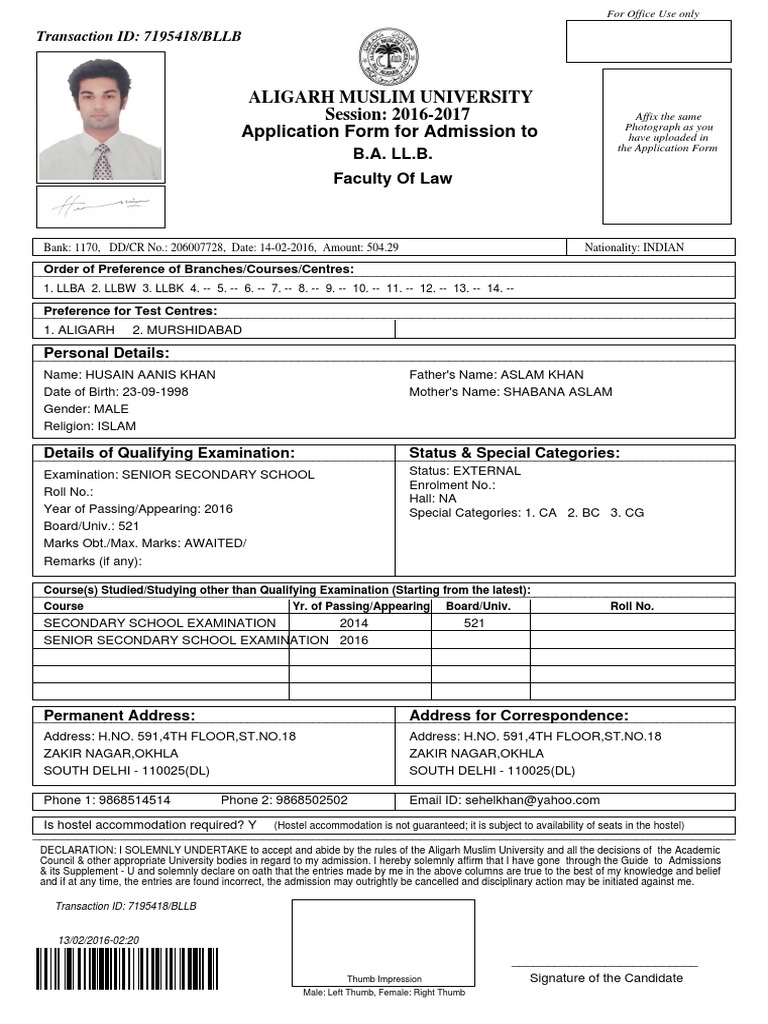 Amu LLB Filled Form | PDF | Government | Government Information