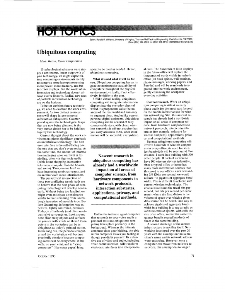 Ubiquitous Computing: Weiser, Xerox Corporation | PDF | Computer ...