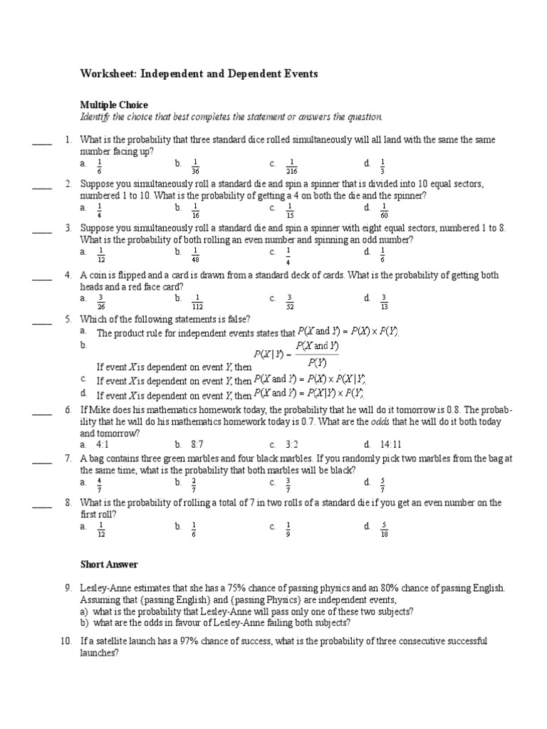Worksheet Independent Events | PDF | Dice | Probability