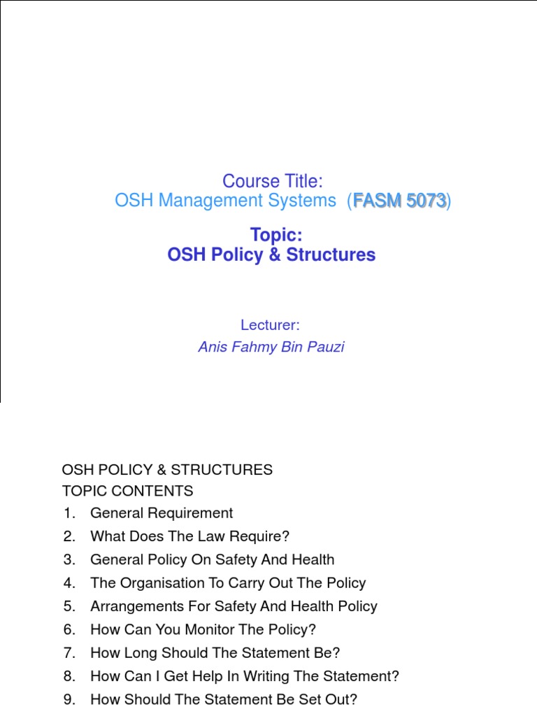 2 OSH Policy & Structures | Safety | Employment