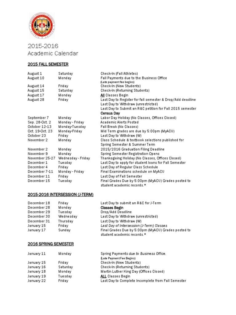 2015 2016 Academic Calendar 2 | PDF | Academic Term | Academia