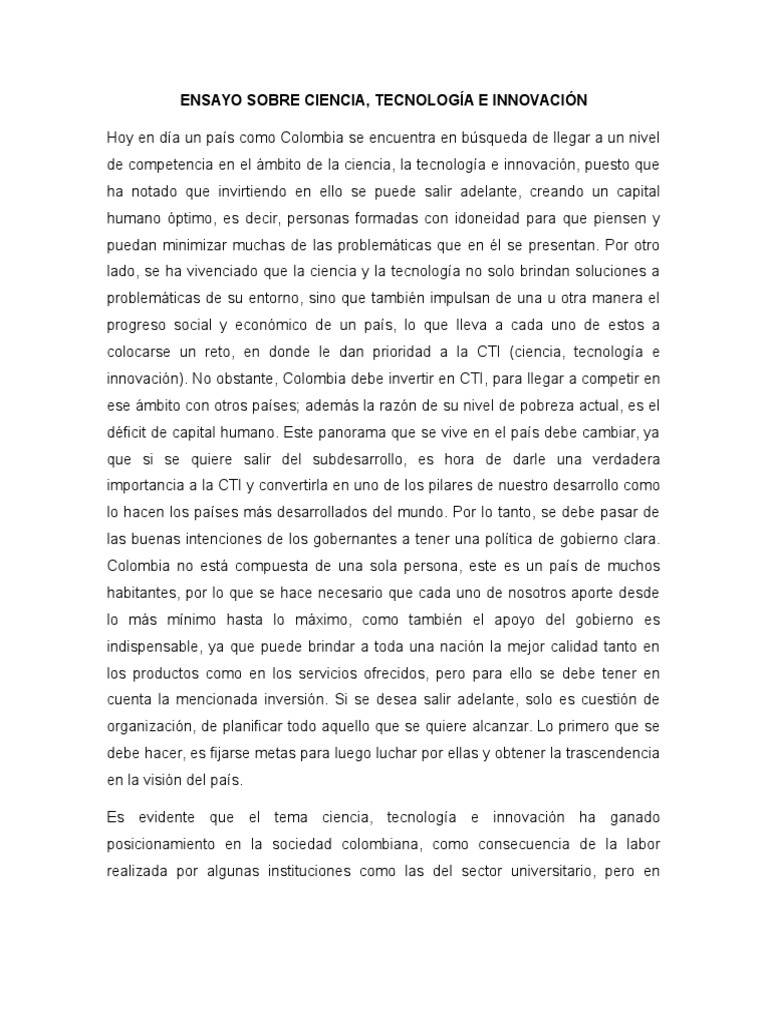 Ensayo Sobre Ciencia Tec e Innovacion | PDF | Sociedad | Ciencias ...
