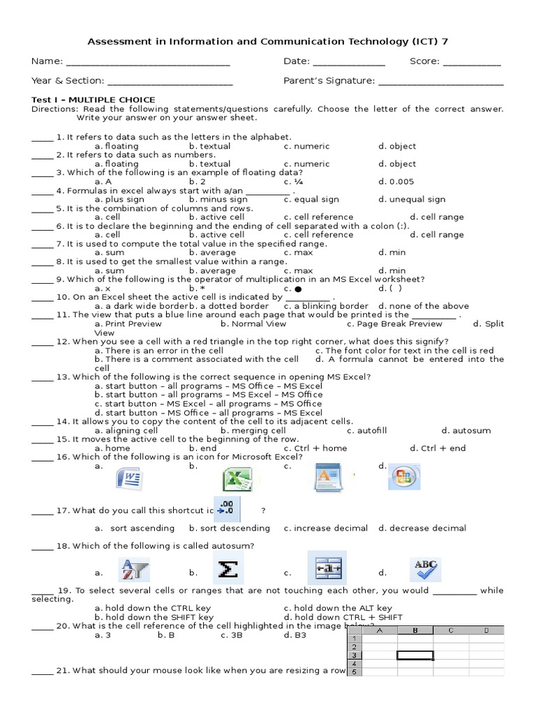 ICT 7 Assessment (Excel) | PDF | Spreadsheet | Worksheet
