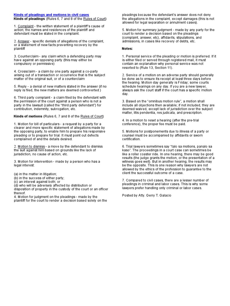 Kinds of Pleadings and Motions in Civil Cases | Pleading | Lawsuit
