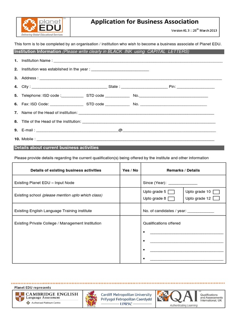 Planet EDU Business Association Form | PDF