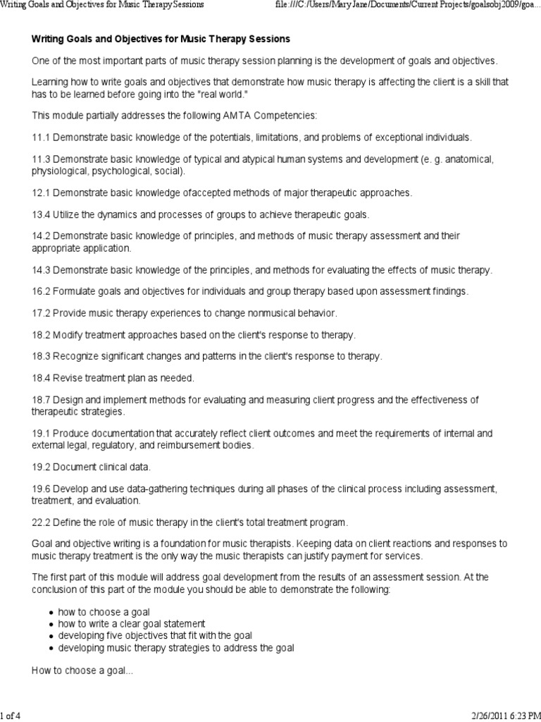 Music Therapy Goals and Objectives Guide | PDF | Psychotherapy ...