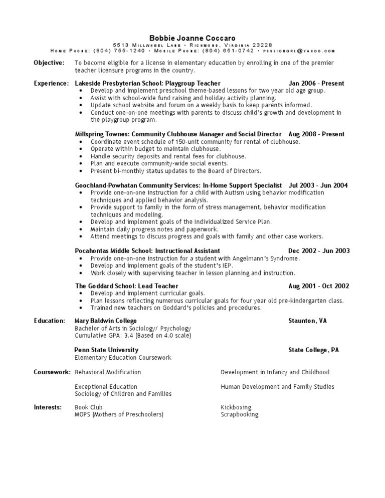 Bobbie Coccaro's Education & Teaching Resume | PDF | Teachers | Psychology