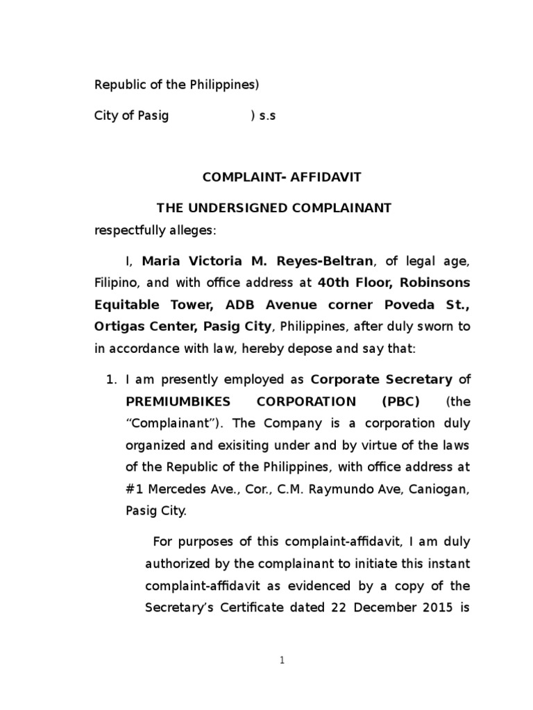 Complaint Affidavit Sample | PDF | Receipt | Payments
