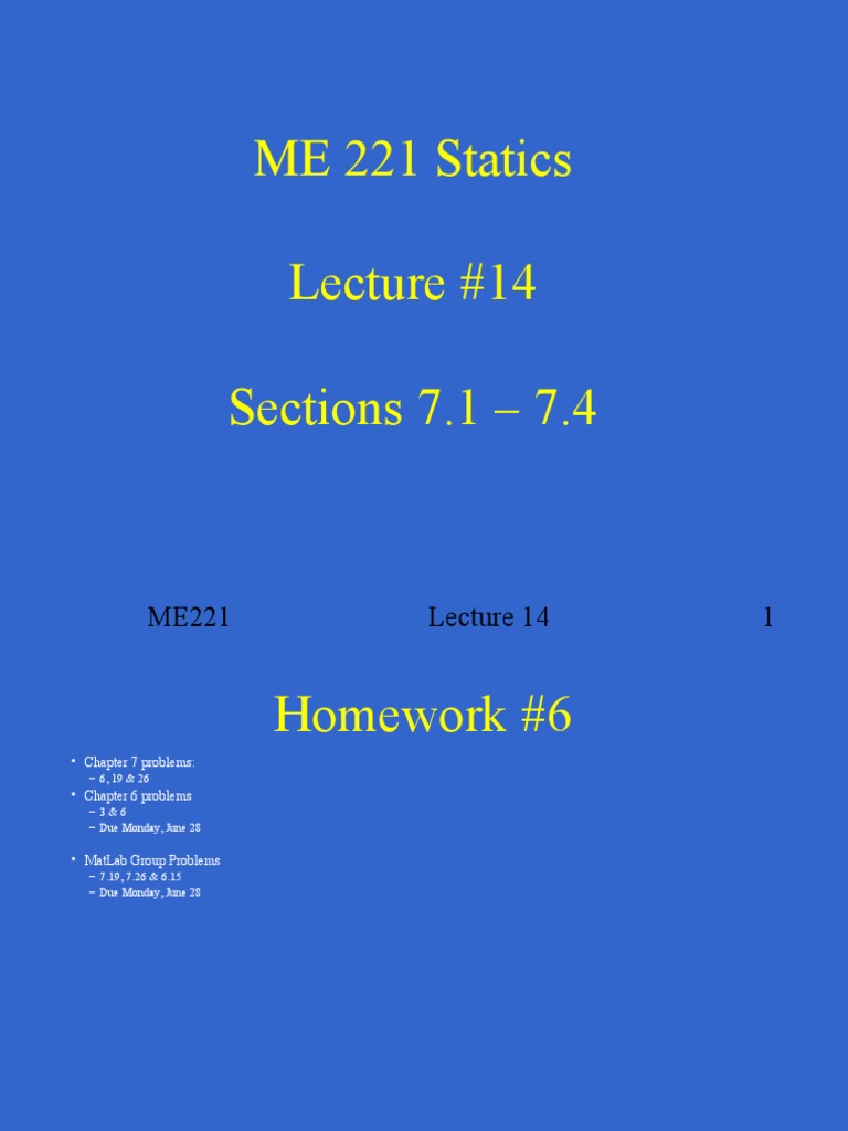 ME 221 Statics Lecture #14 Sections 7.1 - 7.4 | PDF | Bending | Beam ...