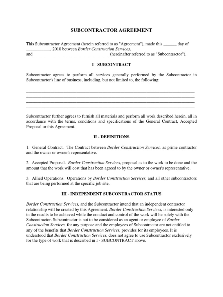 Subcontractor Agreement 1 | Occupational Safety And Health ...