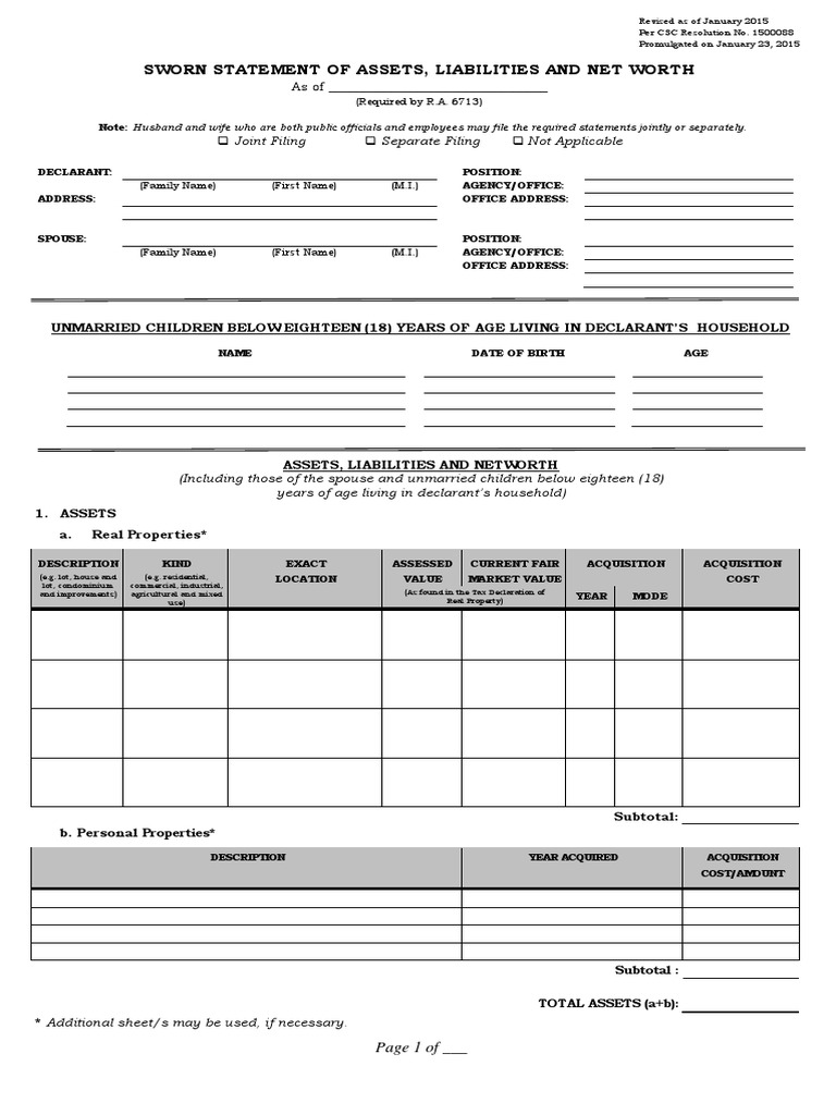 SALN Form - Revised January 2015 | PDF | Net Worth | Social Institutions