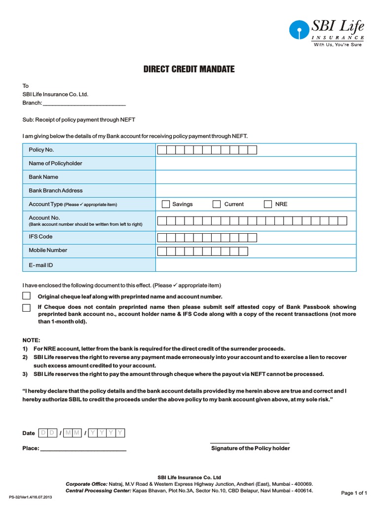 Direct Credit Mandate Form | PDF