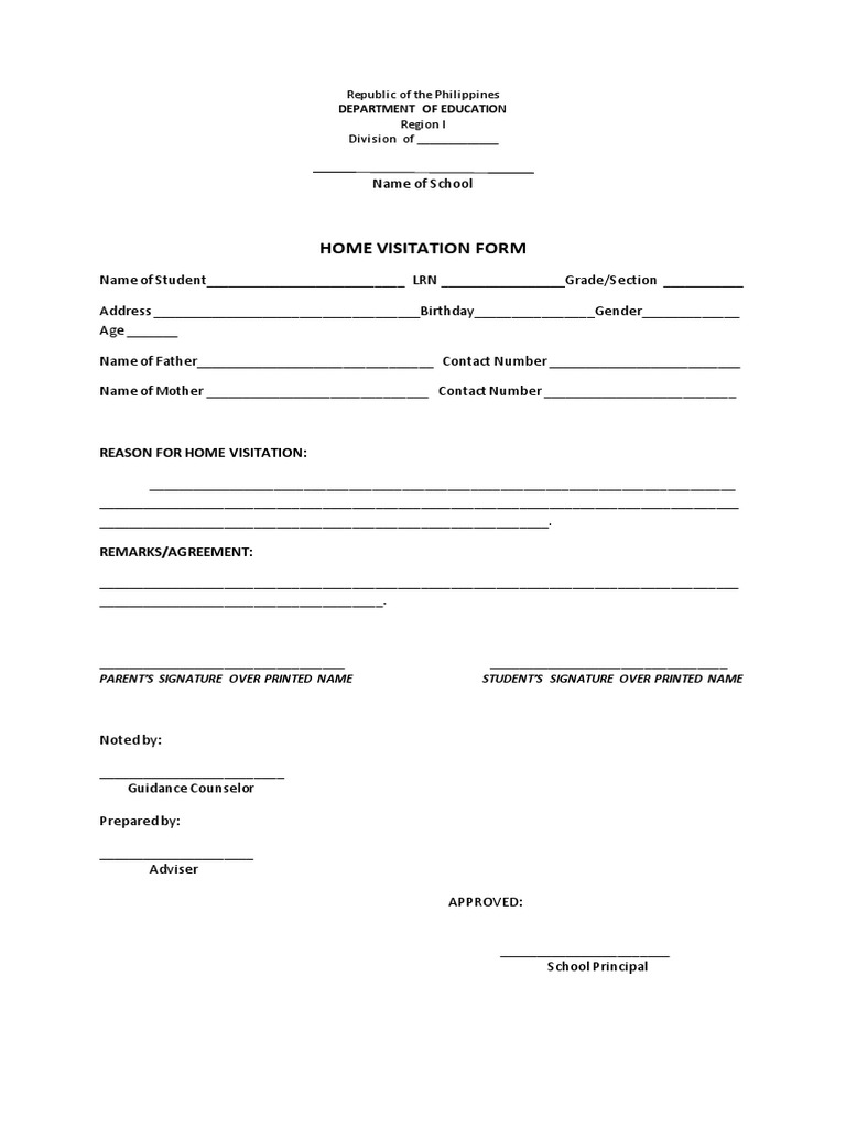 Home Visitation Form PDF | PDF | Schools