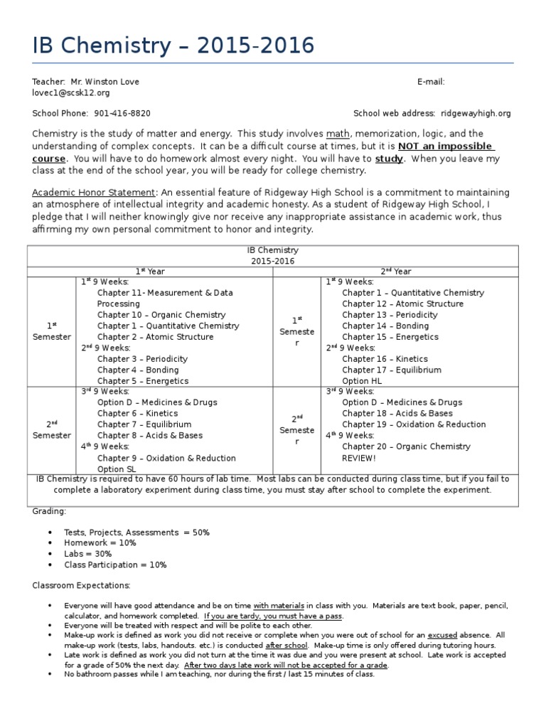 Ib Chemistry Syllabus | PDF | Academic Dishonesty | Chemistry