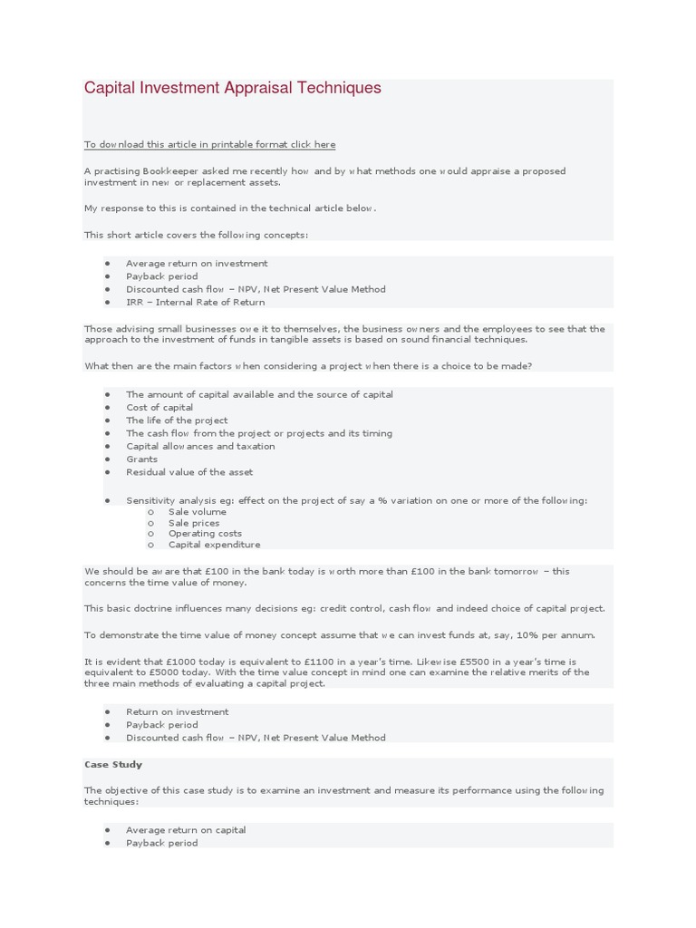 Capital Investment Appraisal Techniques | Net Present Value | Internal ...