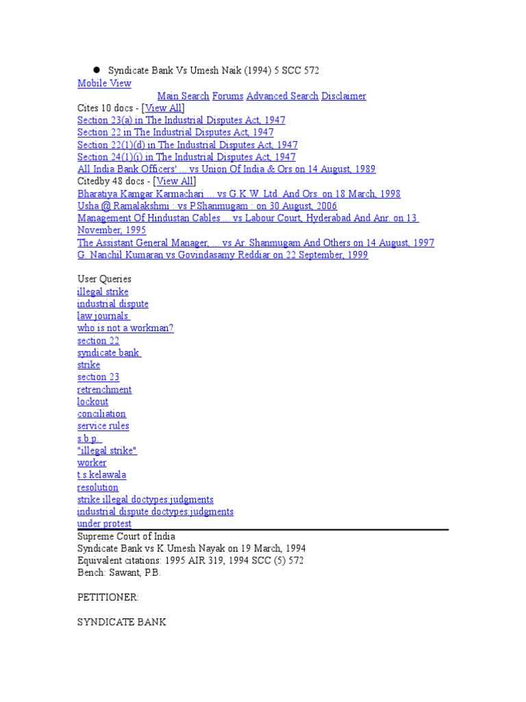 Syndicate Bank Vs Umesh Naik | PDF | Strike Action | Lockout (Industry)