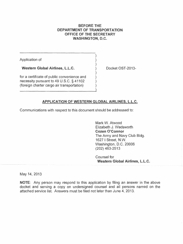James Neff's Western Global Airlines DOT Application | PDF | Federal ...