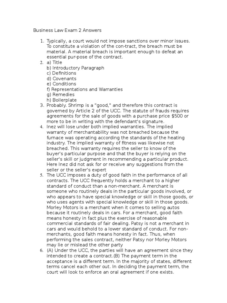Business Law Exam 2 Answers | PDF | Injunction | Implied Warranty