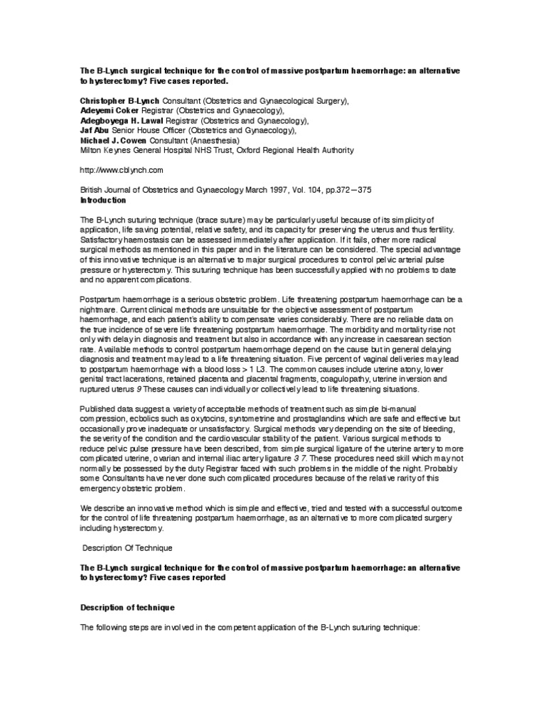 The B-Lynch Surgical Technique PDF | PDF | Uterus | Caesarean Section