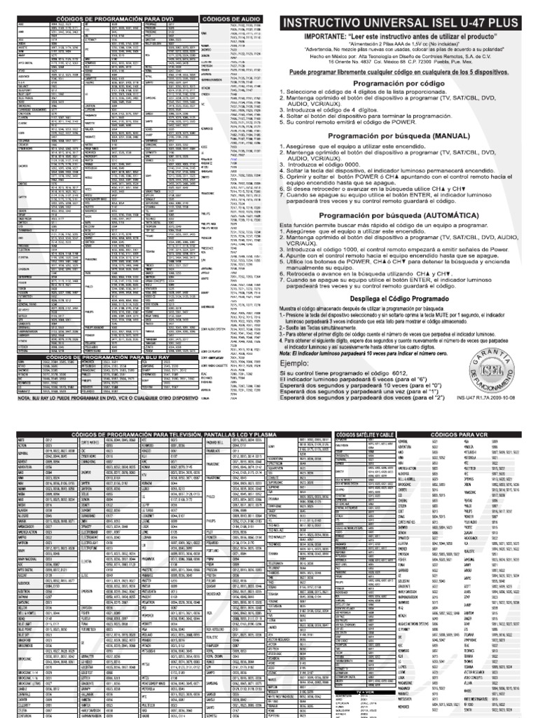Codigos Control Universal ISEL U47 PLUS | PDF