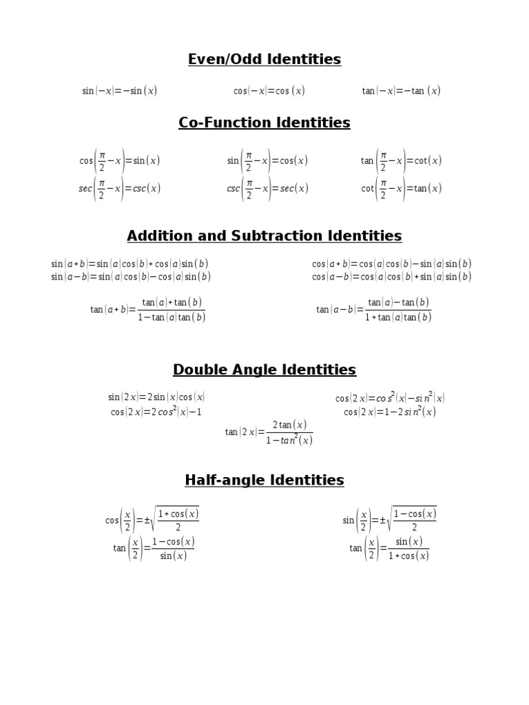 Even/Odd Identities: π x π x π x sec π x csc (x) csc π x sec (x) π x | PDF