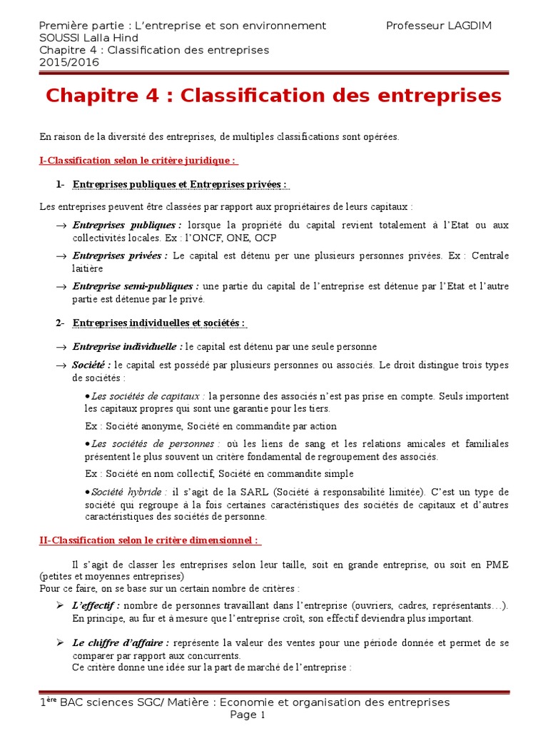 Premiere Partie Chapitre 4 Classification Des Entreprises | PDF ...