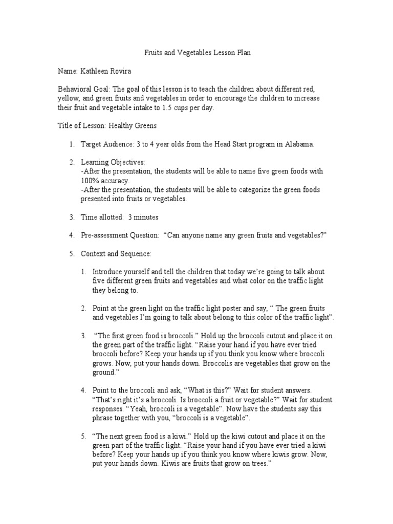 Fruits and Vegetables Lesson Plan | PDF | Lesson Plan | Avocado