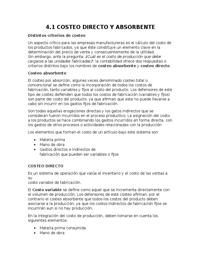 4-1 Costeo Absorbente y Directo | PDF | Costo | Ciencias económicas