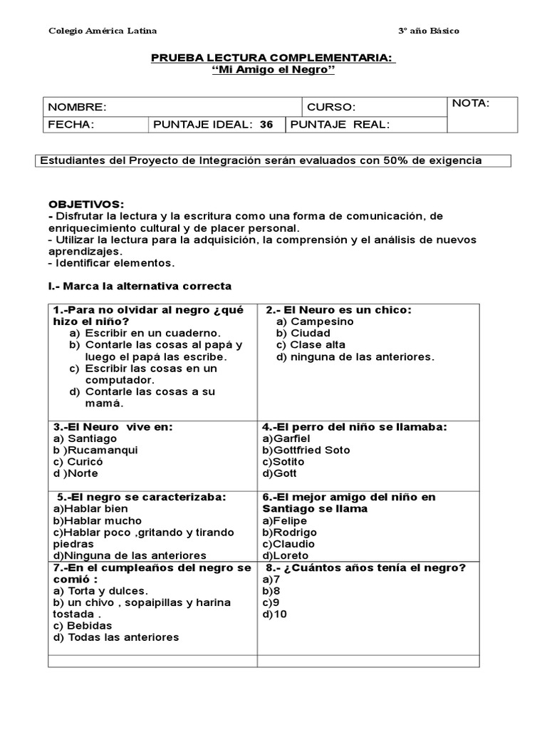 Prueba Mi Amigo El Negro | PDF | Juegos y actividades | Ciencias sociales