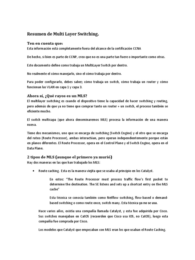 Resúmen de Multi Layer Switching | PDF | Conmutador de red | Certificaciones de Cisco