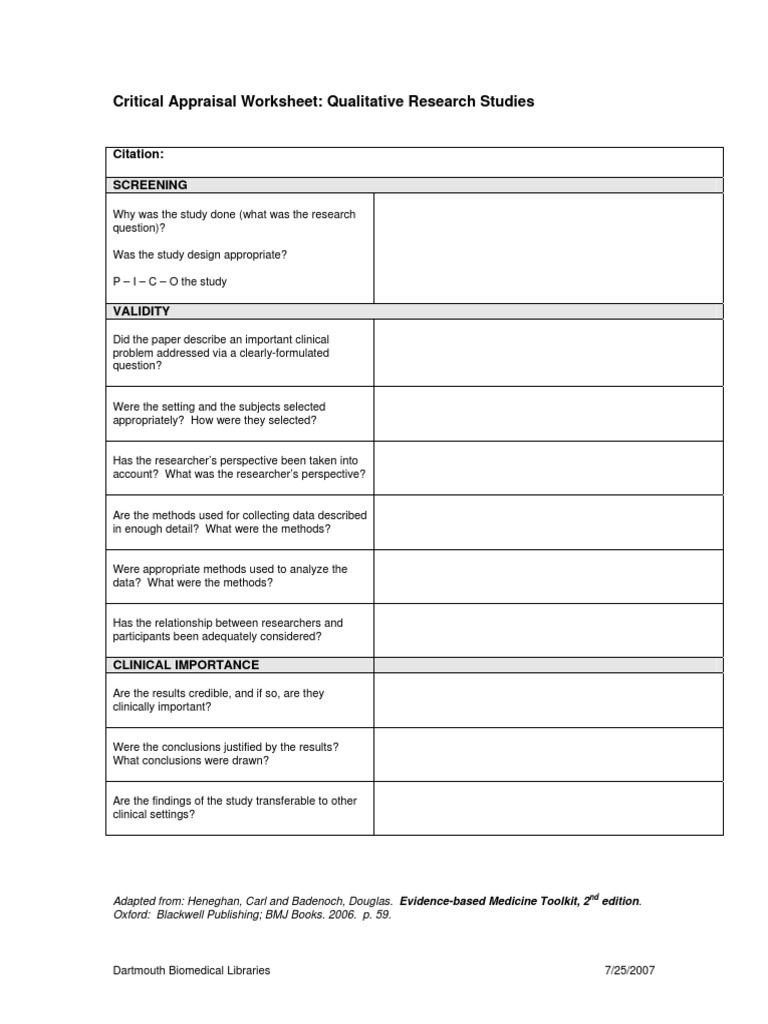 Critical Appraisal Worksheet: Qualitative Research Studies: Citation ...