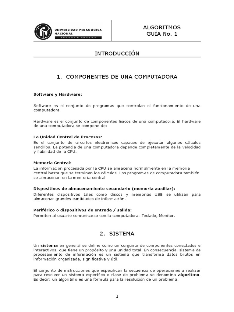 Guia 1 Algoritmos UPN | Descargar gratis PDF | Algoritmos | Hardware de la computadora
