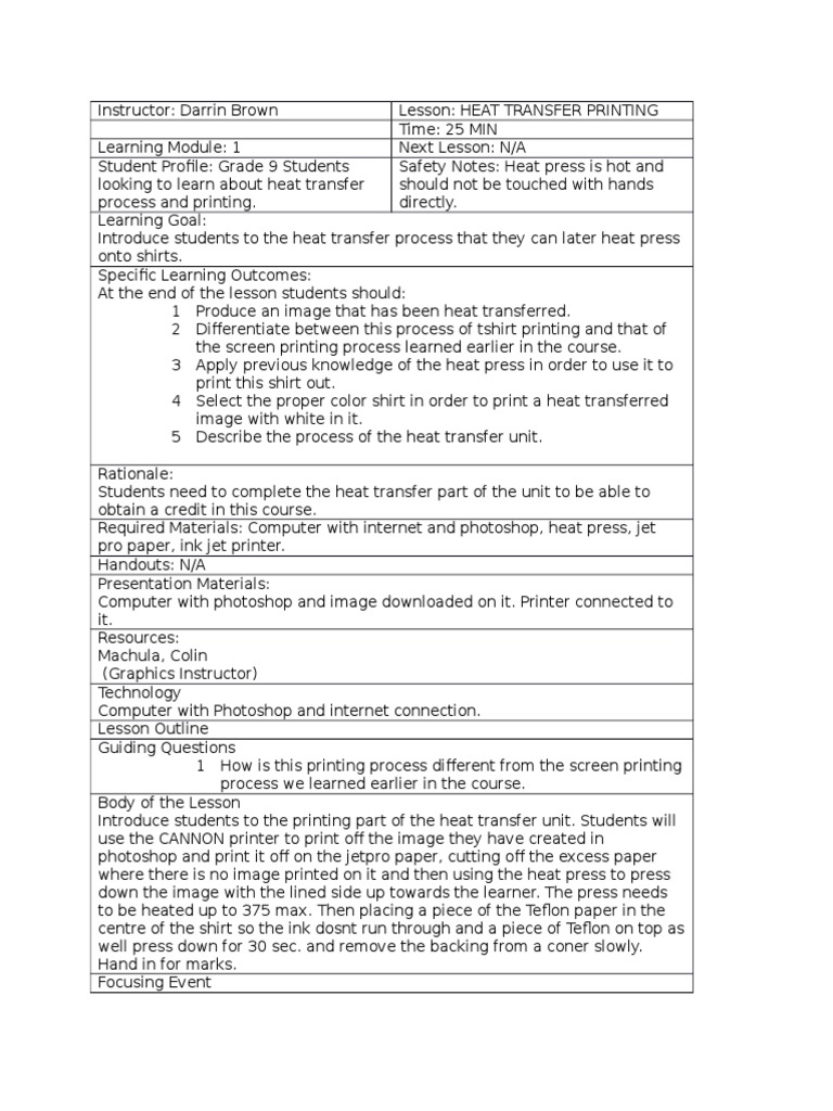 Heat Transfer Printing for Grade 9 Students | PDF | Adobe Photoshop ...