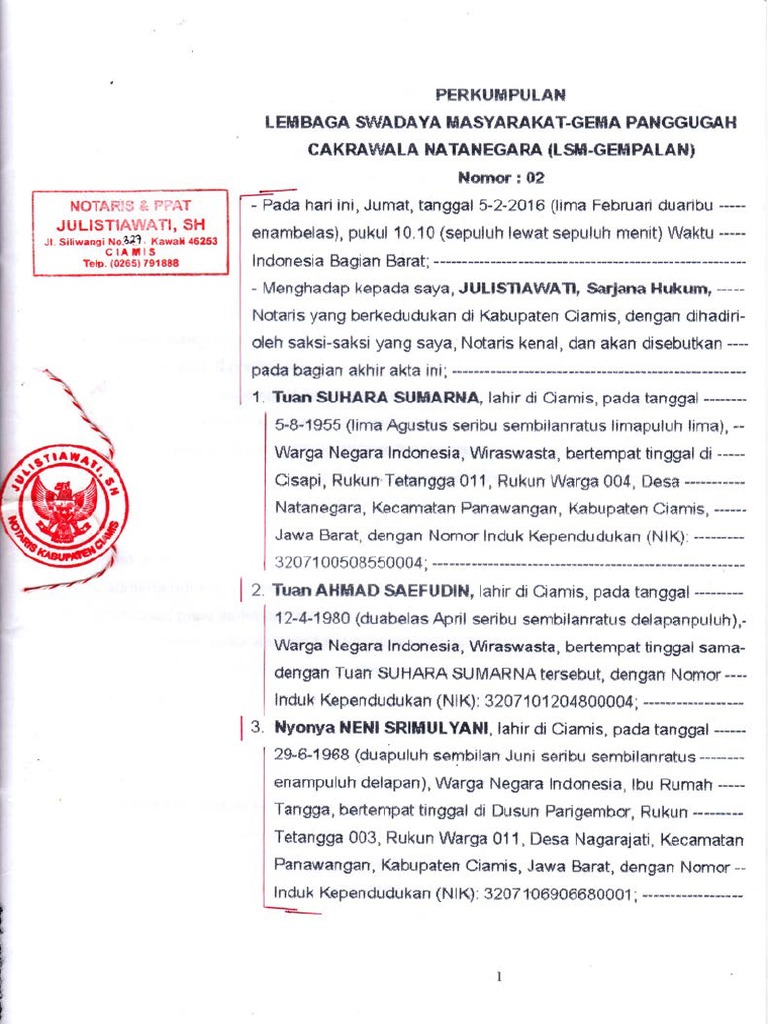 Contoh Akta Pendirian Perkumpulan | PDF