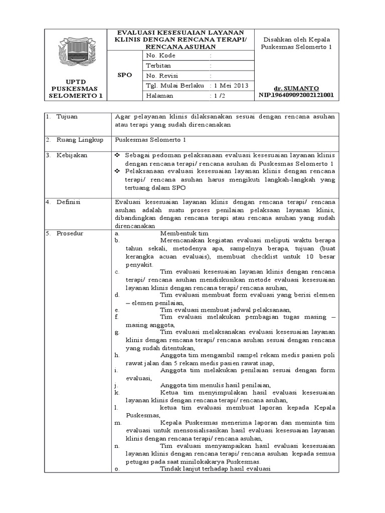 7.4.1.c SPO Evaluasi Kesesuaian Layanan Klinis Sesuai DG Rencana Terapi | PDF | Sains & Matematika