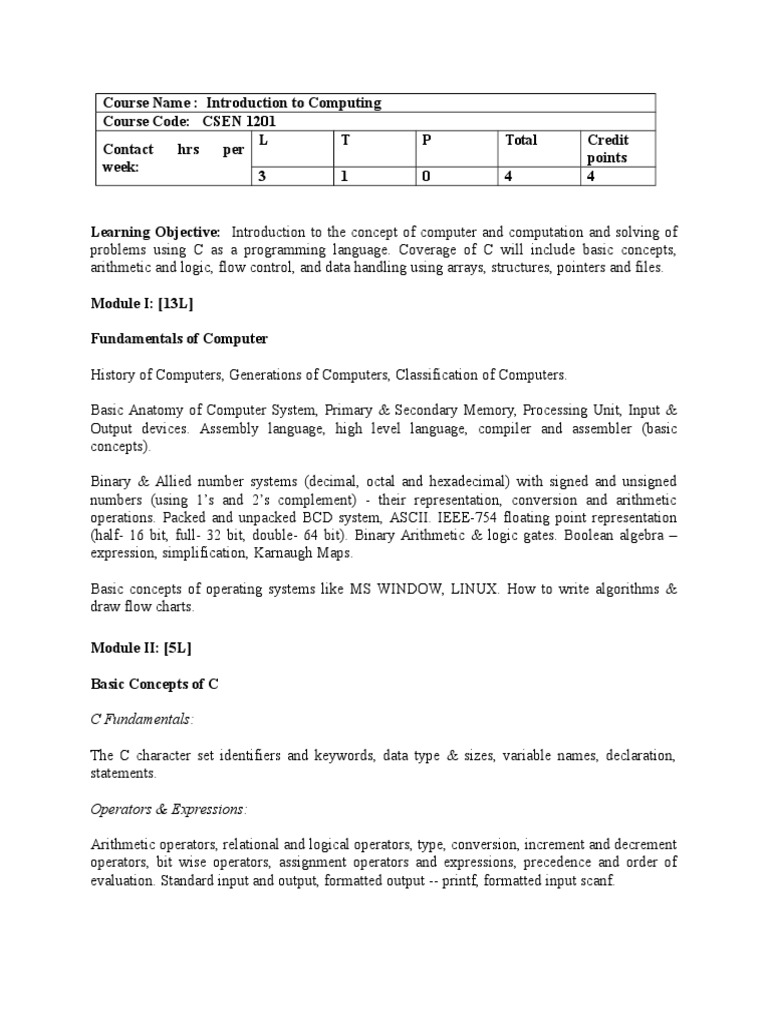 Introduction To Computing Csen1201 Syllabus Pdf C Programming Language Pointer