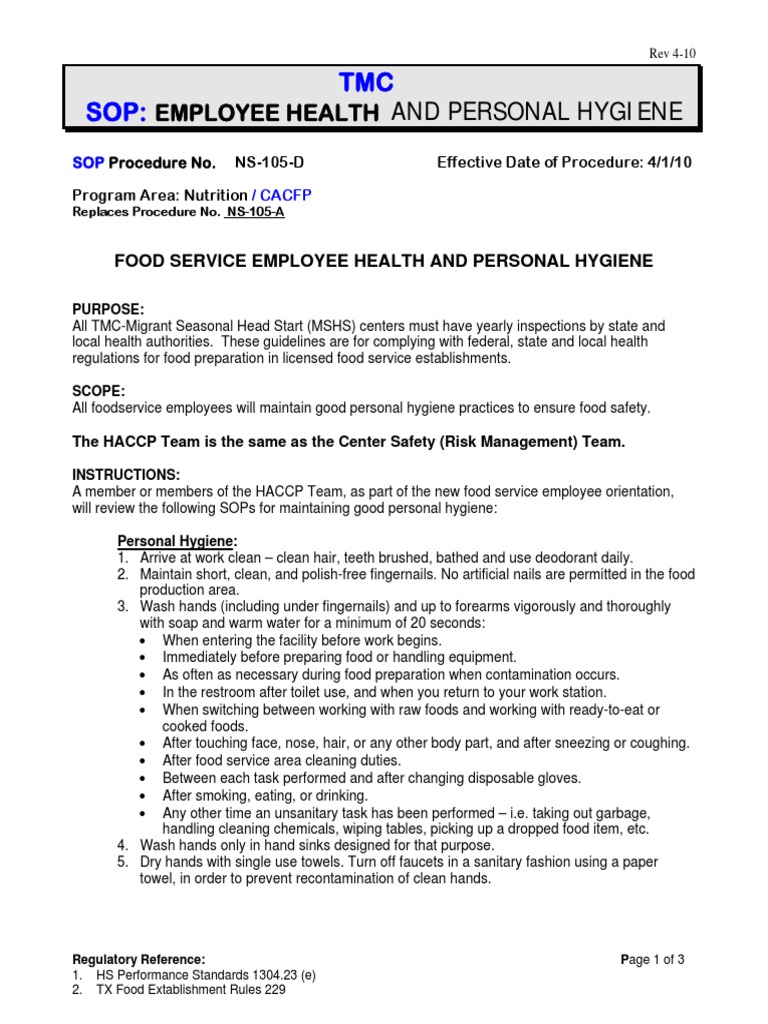 SOP Emp Health Hygiene Rev4 10 | PDF | Hygiene | Hazard Analysis And ...