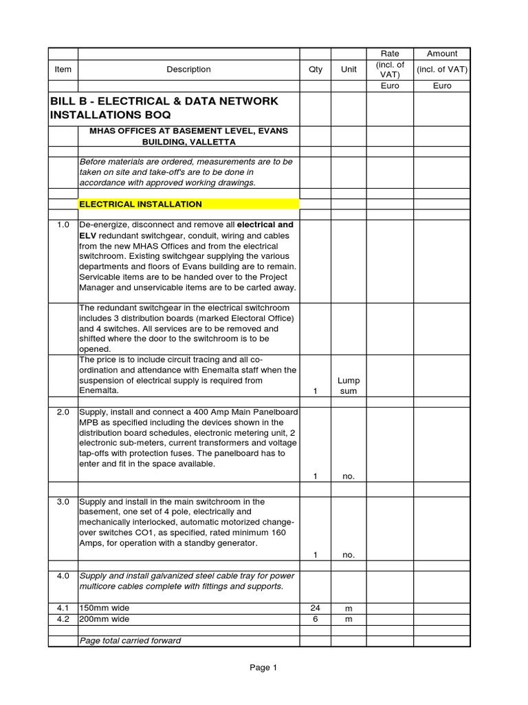 Boq b - Electrical and Data | Electrical Wiring | Cable