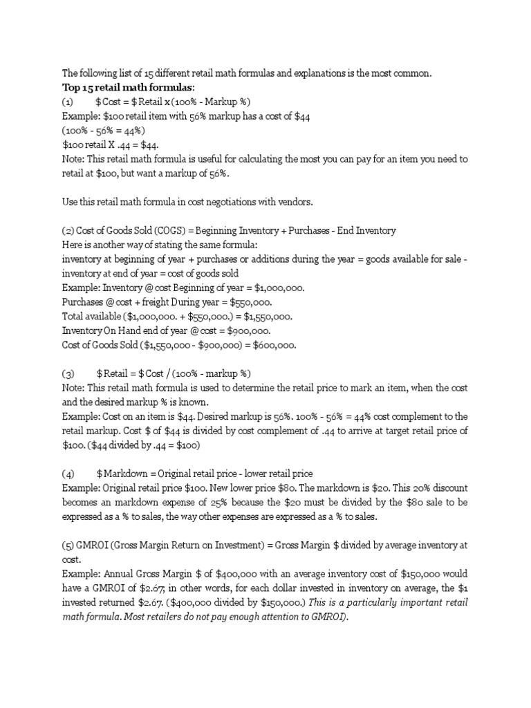 Retail Formulas | Download Free PDF | Gross Margin | Inventory