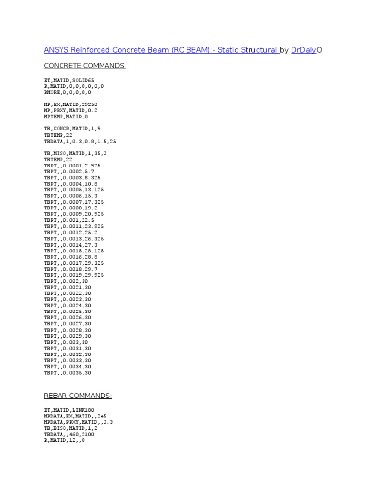 ANSYS Static Structural - RC BEAM - APDL Commands by DrDalyO | PDF