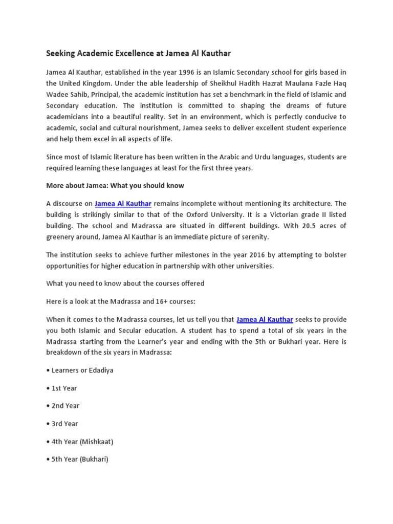Seeking Academic Excellence at Jamea Al Kauthar | PDF | Hadith | Arabic