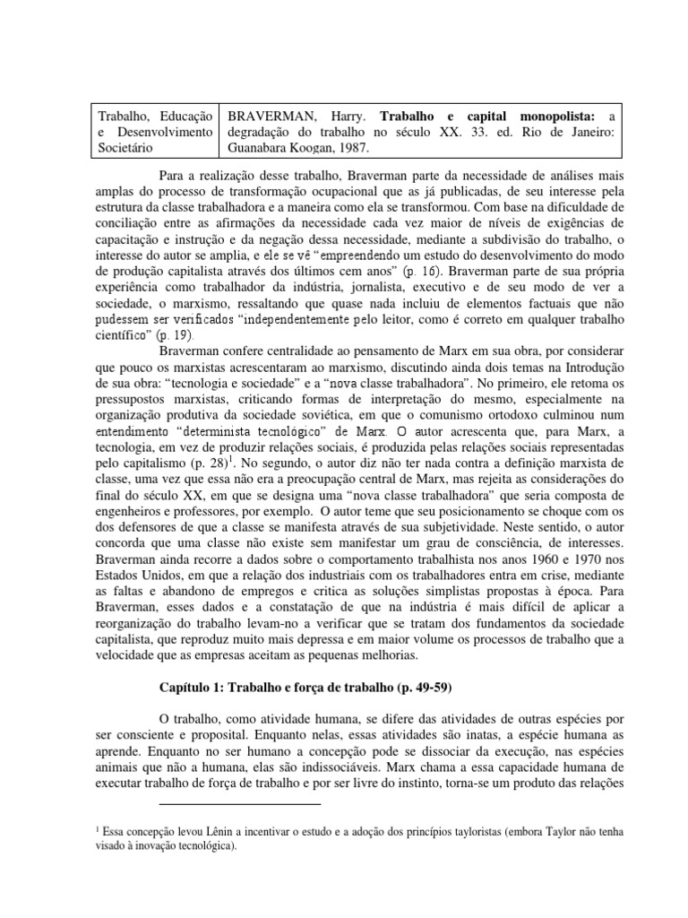 BRAVERMAN, Harry. Trabalho e Capital Monopolista - Anotações | PDF ...