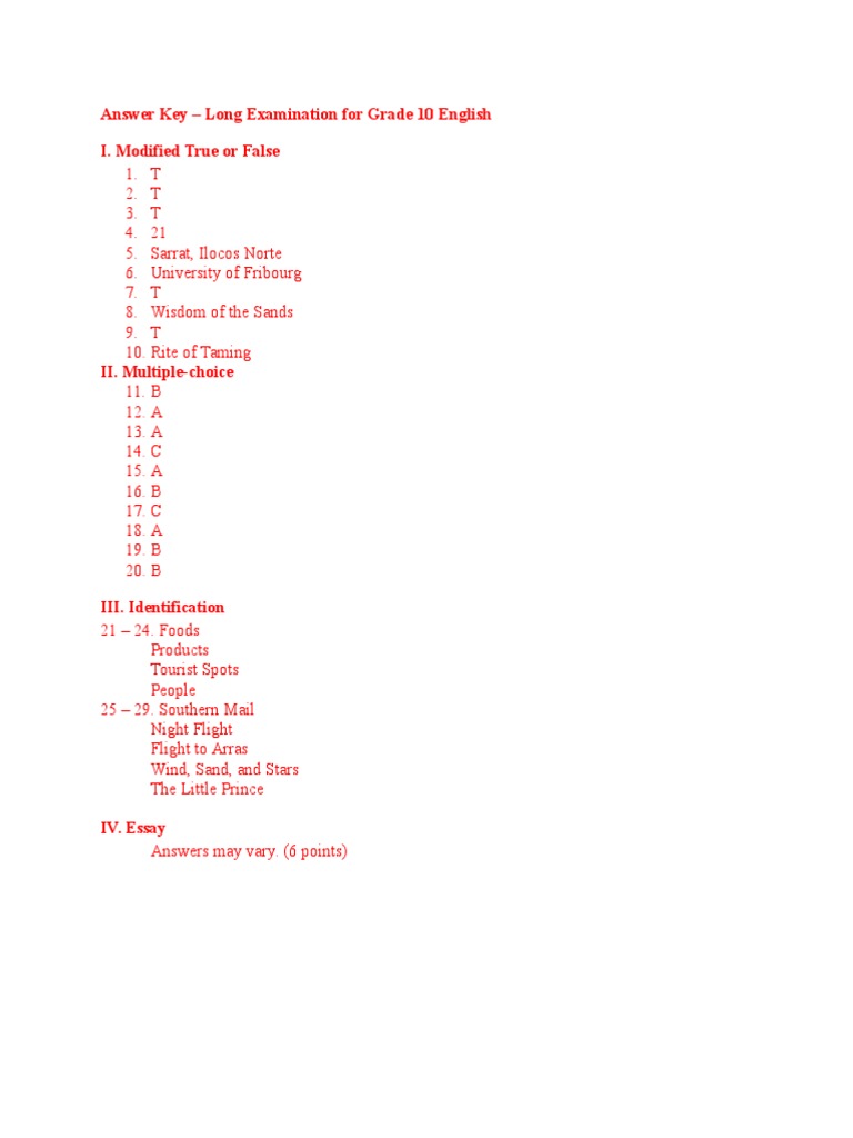 Grade 10 English Exam Key | PDF