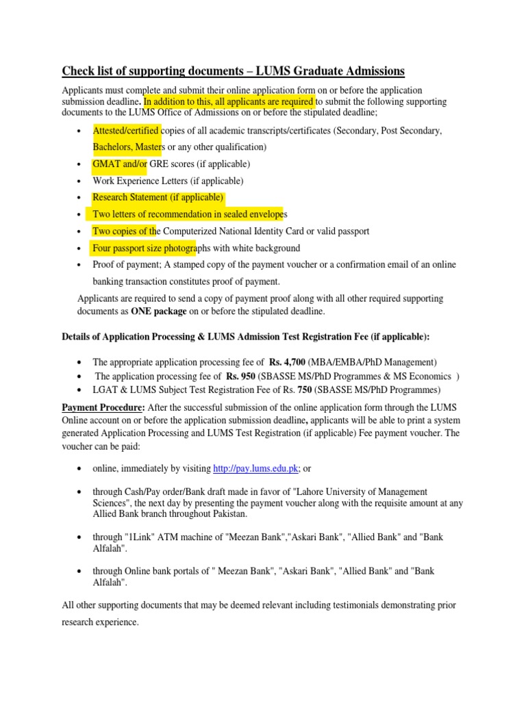 LUMS Graduate Admissions Document Checklist | PDF