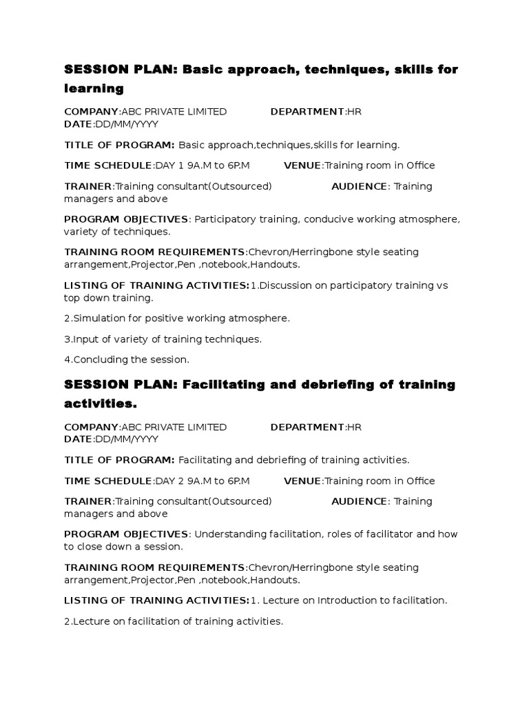 SESSION PLAN: Basic Approach, Techniques, Skills For Learning | PDF ...