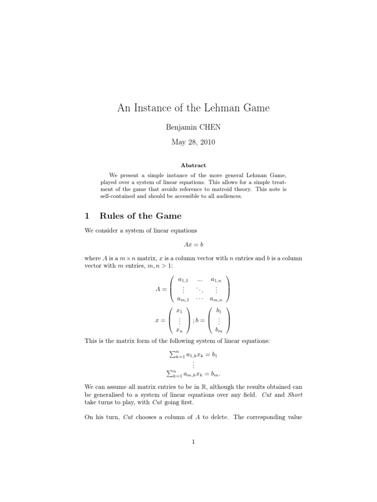 Lehman's Game For A System of Linear Equations | PDF | Mathematical ...