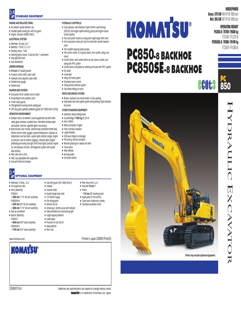 Komatsu Excavadora PC850 - 850se-8 - PDF | PDF | Engines | Elevator